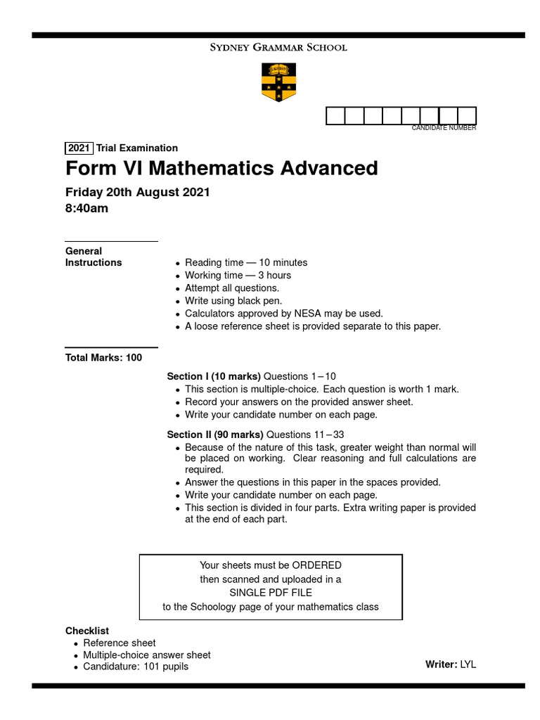 Sydney Grammar 2021 Math Adv Trials | PDF | Multiple Choice | Acceleration