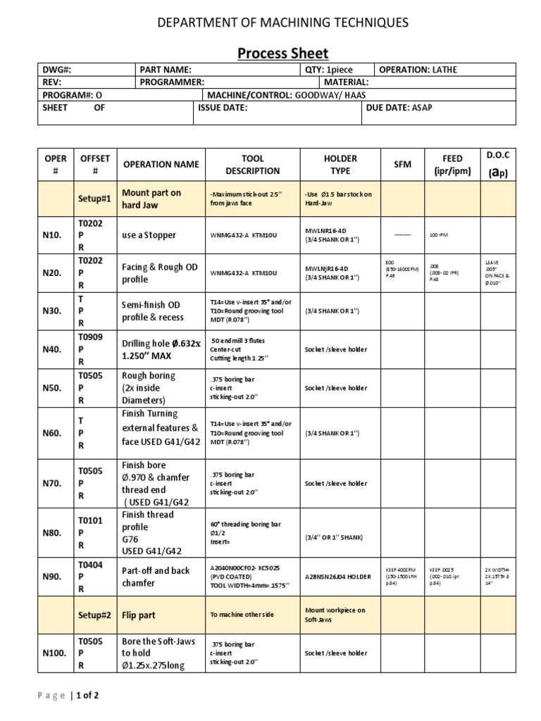 Machining Process Sheet Guide | PDF | Machining | Drilling