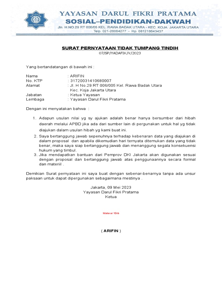 Surat Pernyataan Tidak Tumpang Tindih | PDF