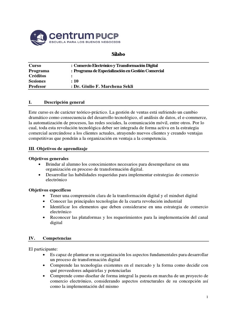 Silabo Comercio Electronico y Transformacion Digital | PDF | Comercio electrónico | Negocios ...
