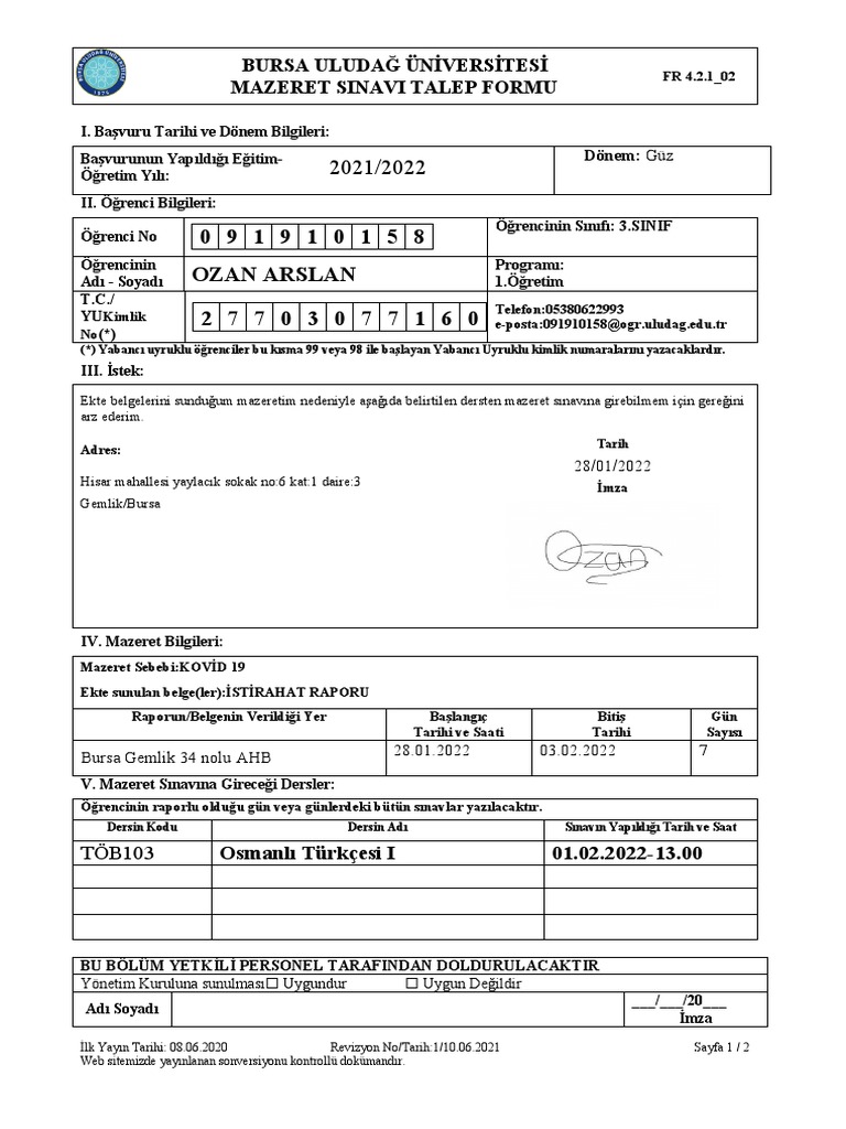 FR 421 02 Mazeret Sinavi Talep Formu | PDF