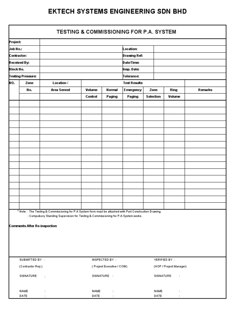 PA System Testing & Commissioning Form | PDF