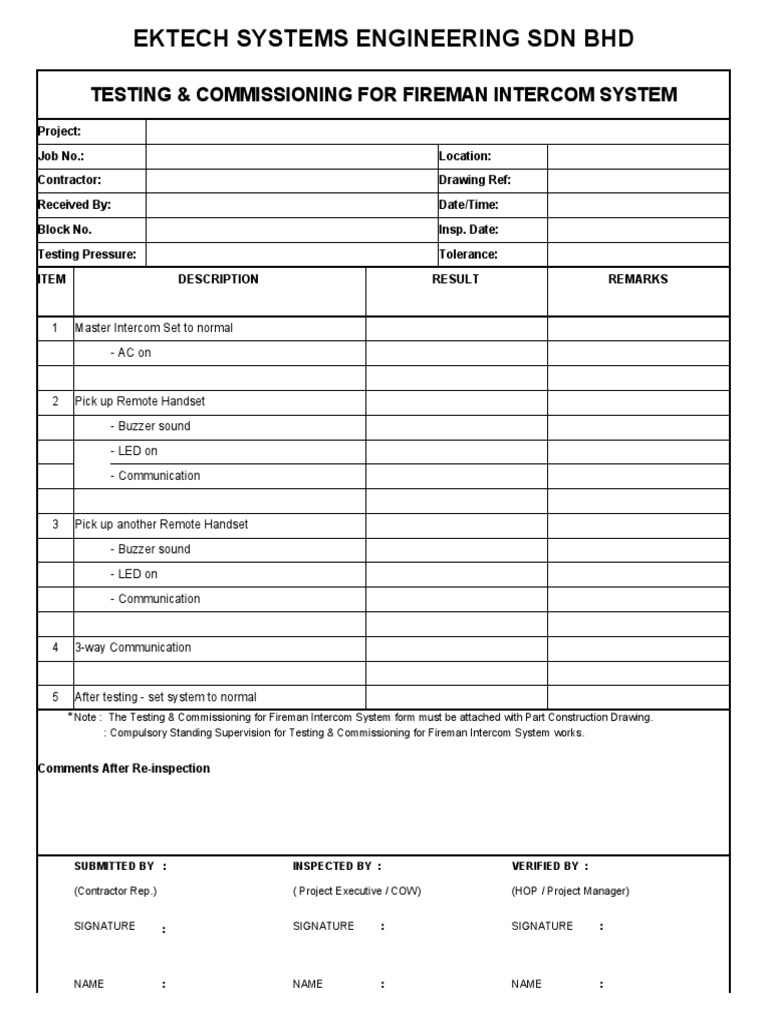 ESE-Testing & Commissioning For Fireman Intercom System | PDF