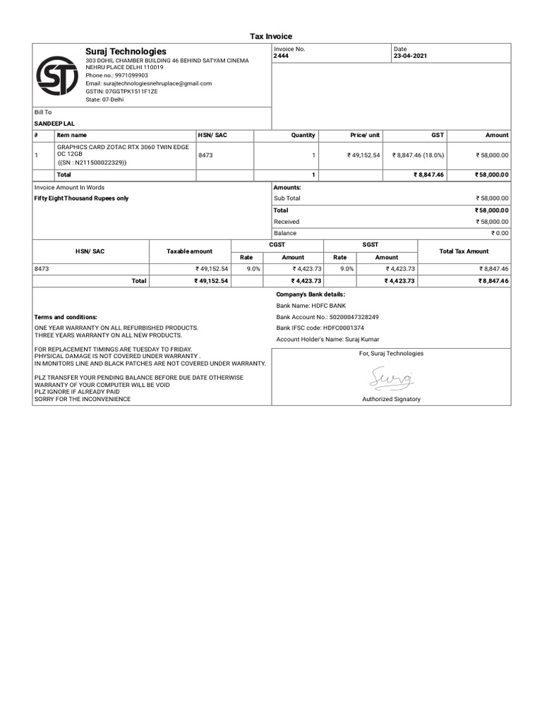 Suraj Technologies: Tax Invoice | PDF | Government | Public Finance