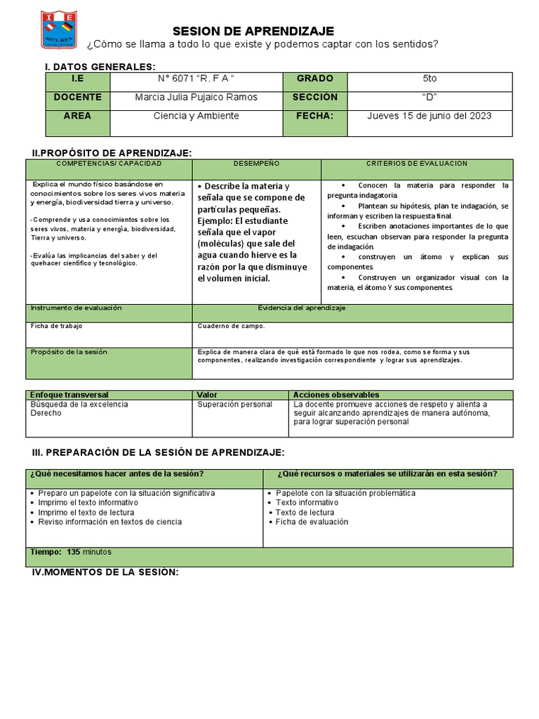 Sesion La Materia CYT LA MATERIA | PDF | Importar | Evaluación