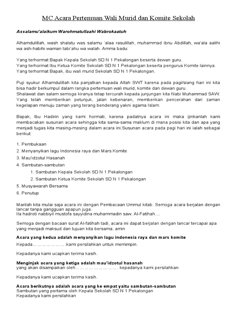 MC Acara Pertemuan Wali Murid Dan Komite Sekolah | PDF