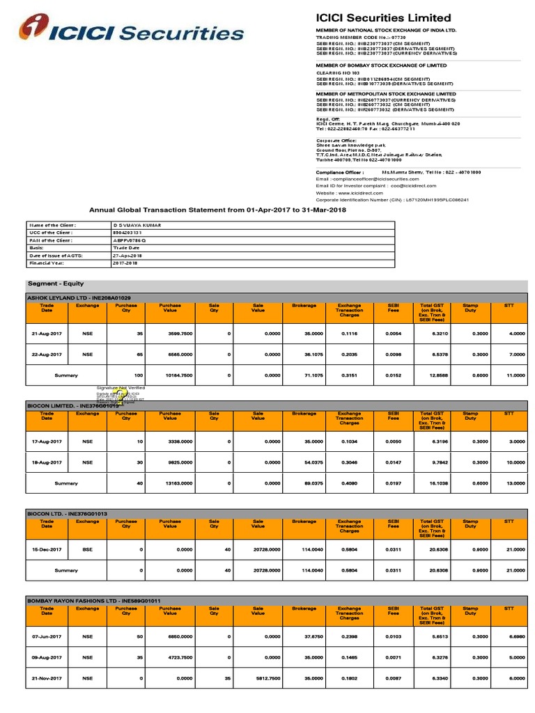 ICICI Securities Limited: Annual Global Transaction Statement From 01 ...