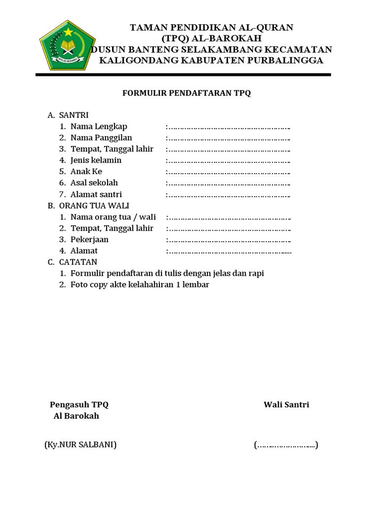 FORMULIR PENDAFTARAN TPQ | PDF