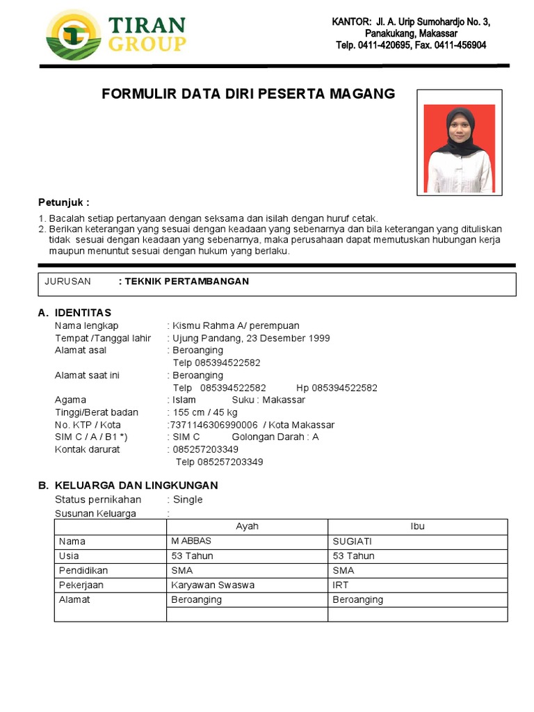 Formulir Data Diri Magang Karyawan | PDF