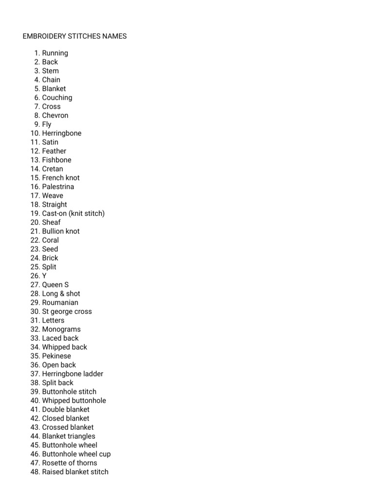 Embroidery Stitches Names | PDF | Spider Web | Textile Arts