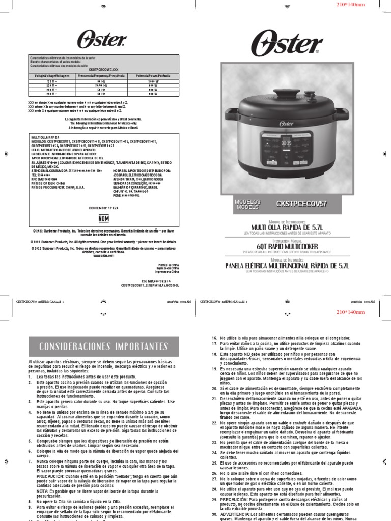 Oster CKSTPCECOV57 Multi Cooker | PDF | Cocción a presión | Hirviendo