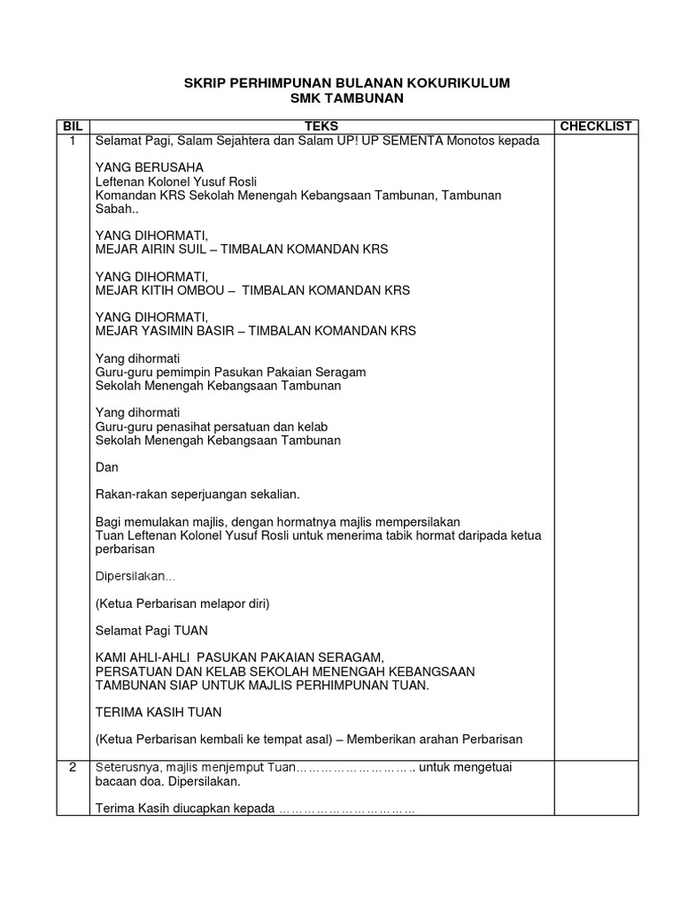 Skrip Perhimpunan Rasmi (Bulanan Kokurikulum) | PDF