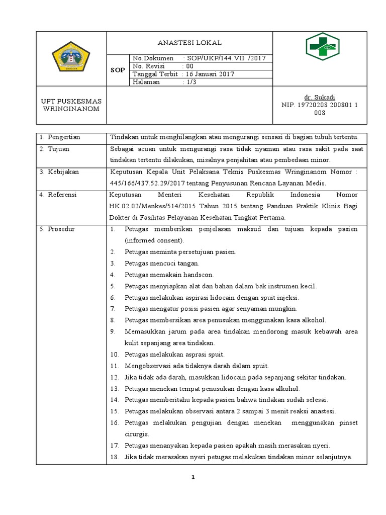 Prosedur Anestesi Lokal di Puskesmas | PDF