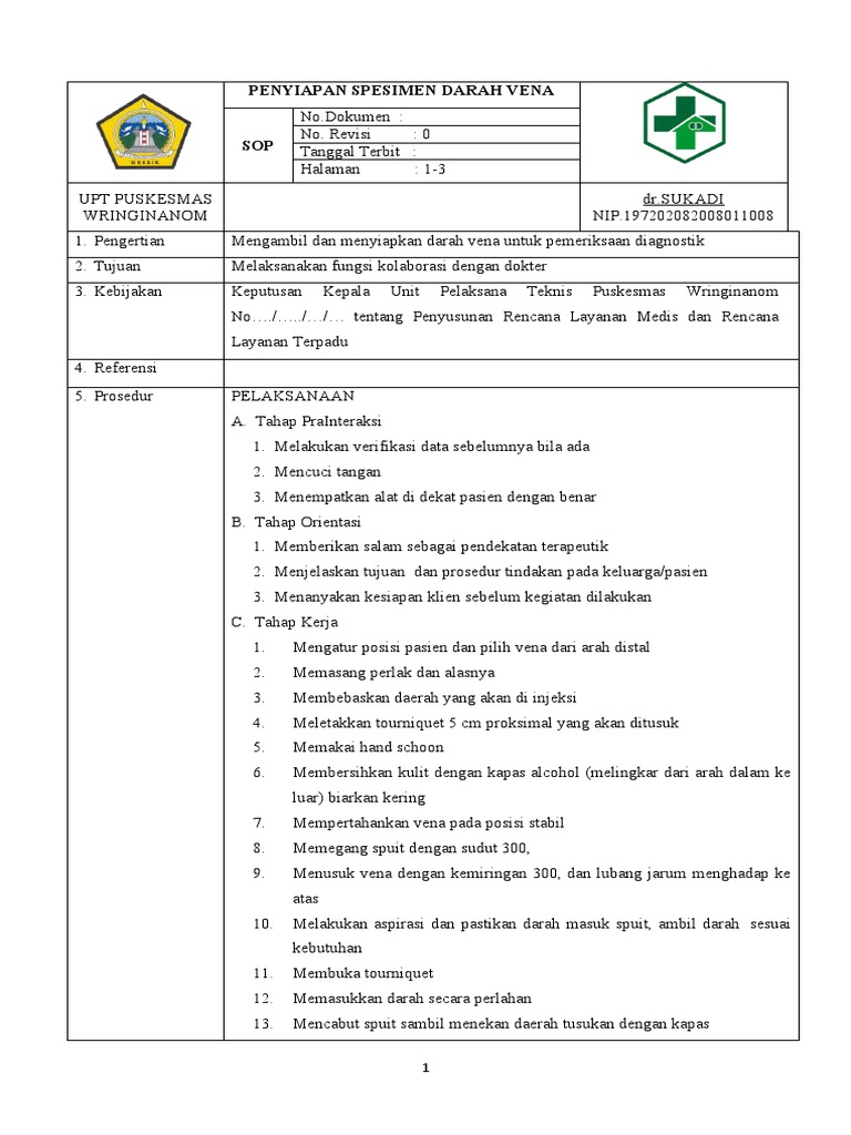 sop Ambil darah vena | PDF