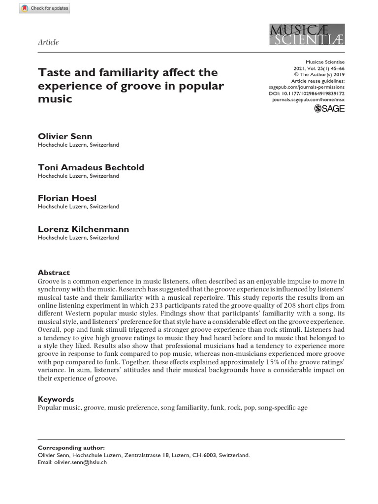 Senn Et Al 2019 Taste and Familiarity Affect The Experience of Groove in Popular Music | PDF ...