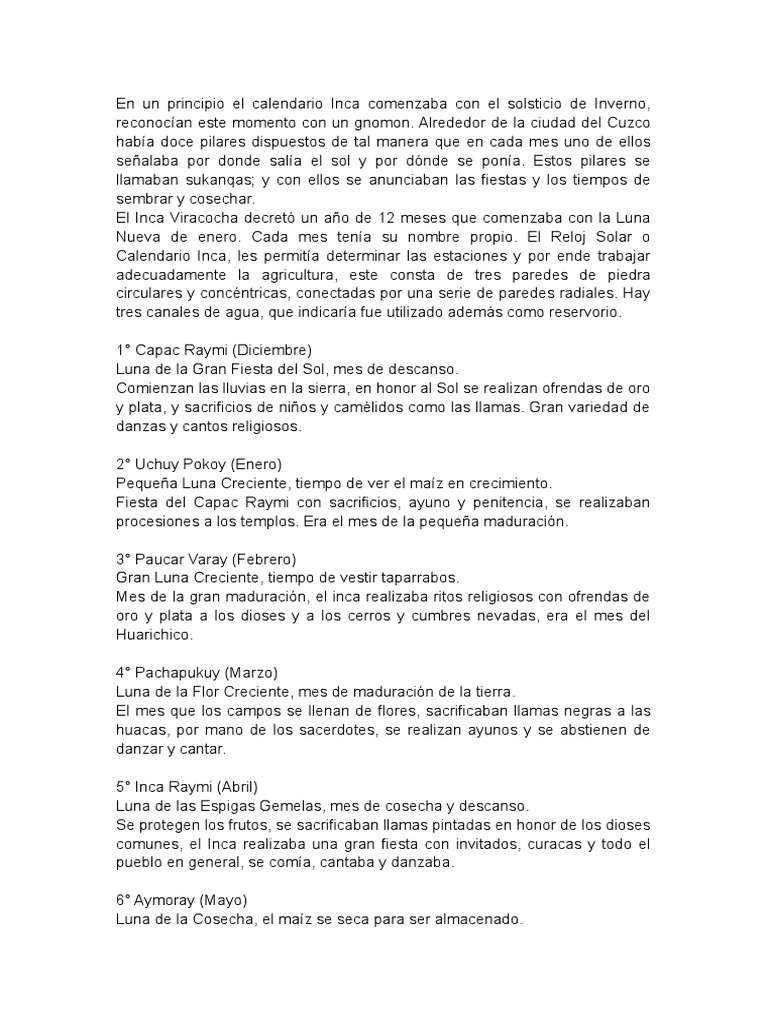 Calendario Inca (1) | PDF | Imperio Inca