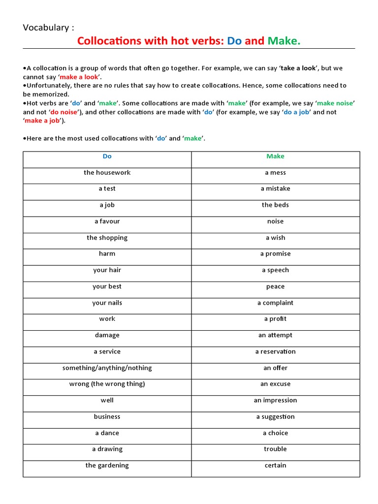 Collocations With Hot Verbs Do and Make. Worksheet | PDF | Linguistics ...