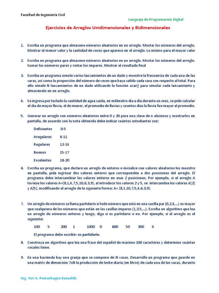 Ejercicios de Arreglos Unidimensionales y Bidimensionales | PDF