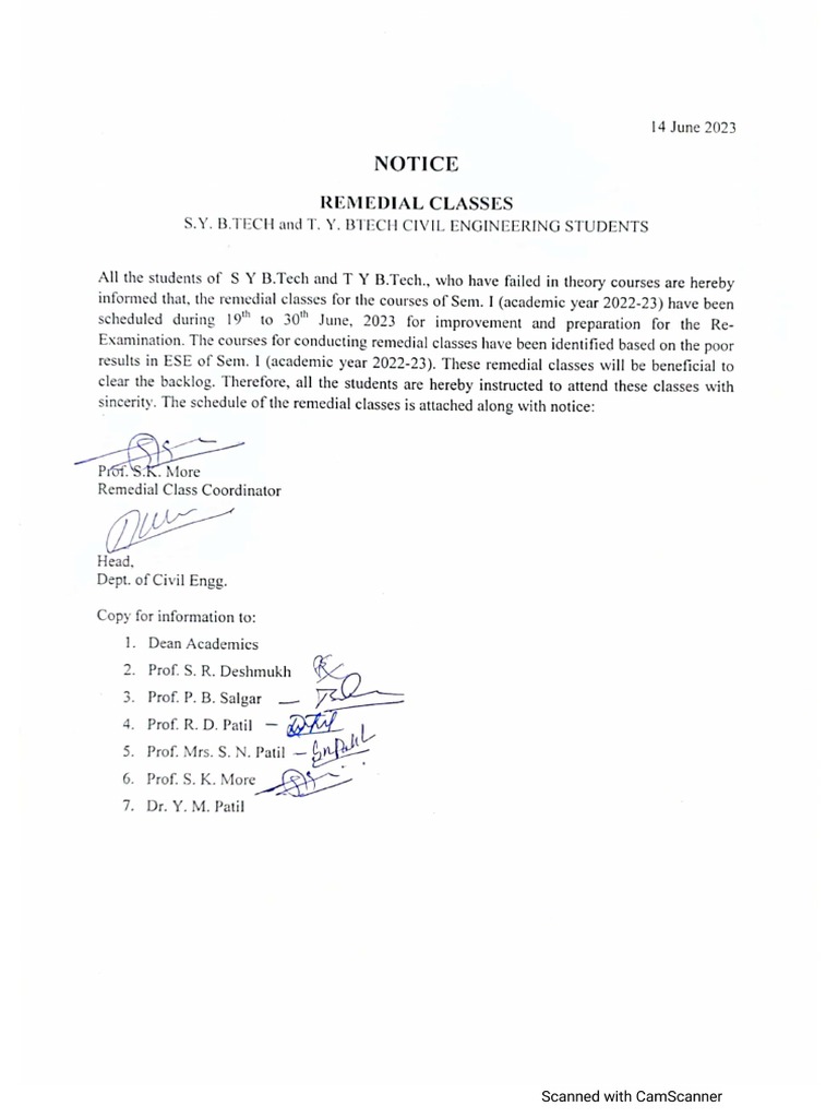 Remedial Classes Notice & Schedule | PDF