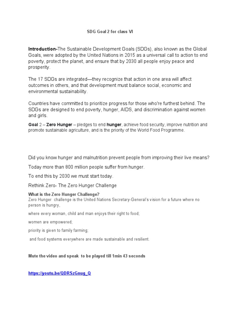 Class VI SDG Script | PDF | Hunger | Sustainability