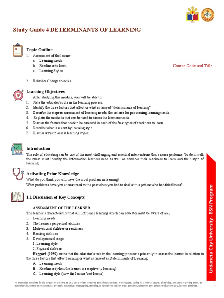 STUDY-GUIDE-4 DETERMINANTS OF LEARNING | PDF