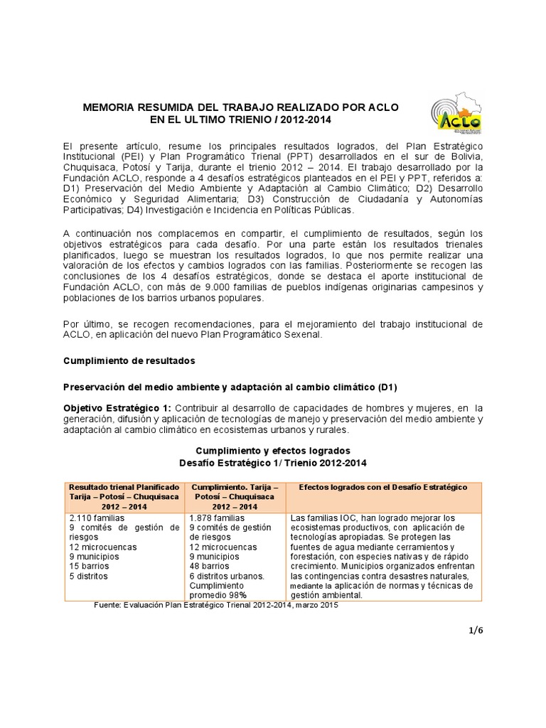 Resultados del PEI de ACLO 2012-2014 | PDF | Entorno natural | Agua