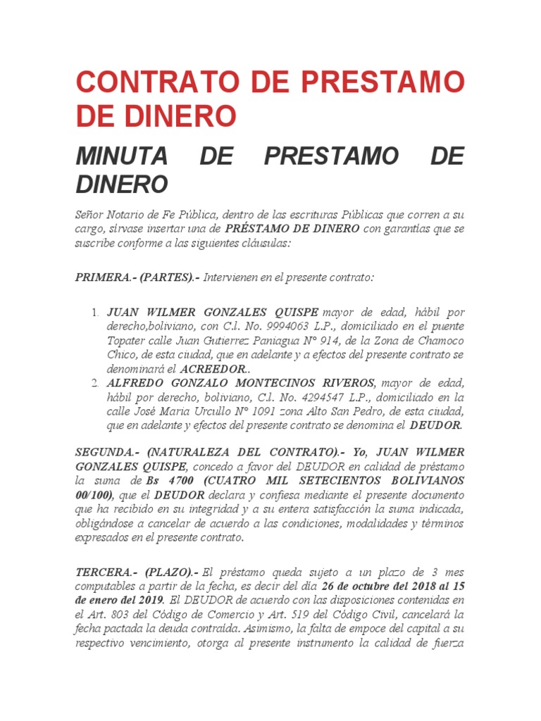 CONTRATO DE PRESTAMO DE DINERO | PDF | Pagos | Derecho privado