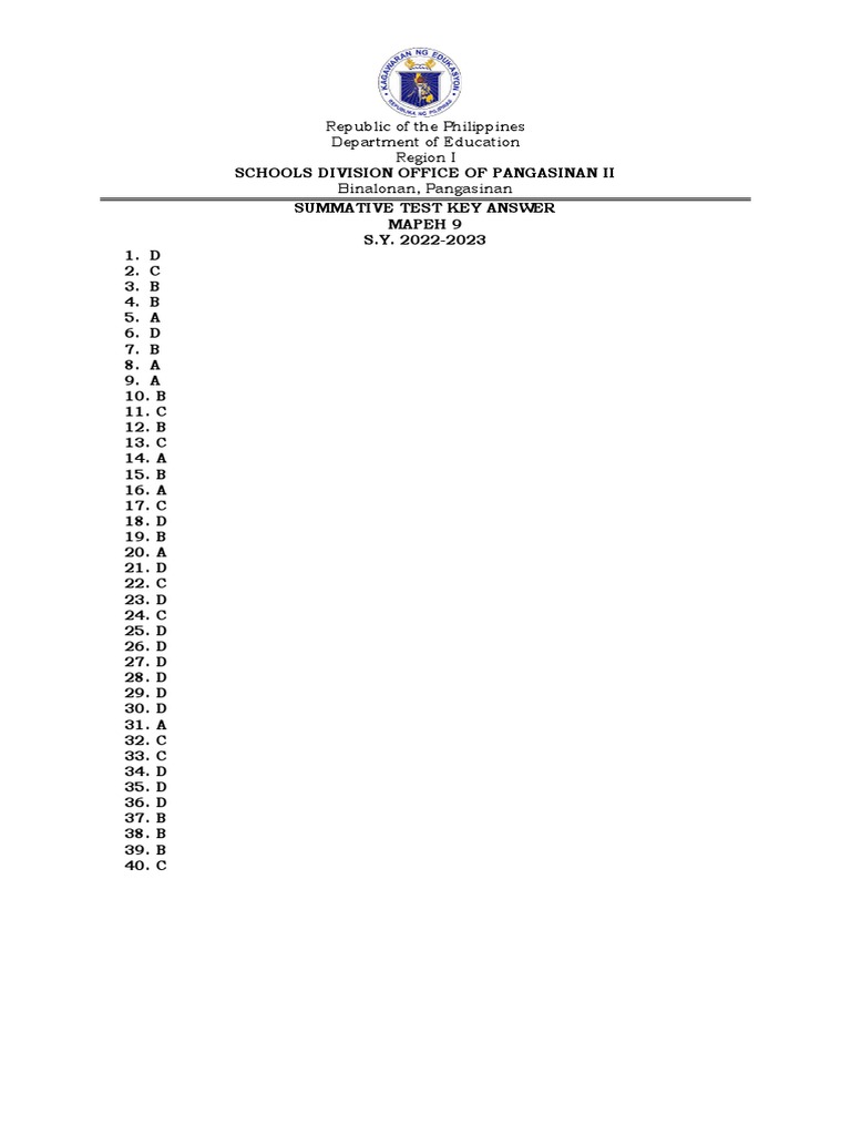 Mapeh 9 Key Answer Summative Test | PDF