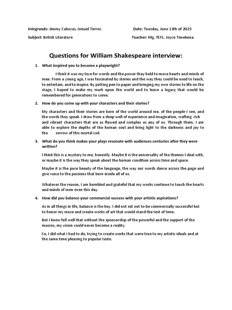 Questions For William Shakespeare Interview | PDF