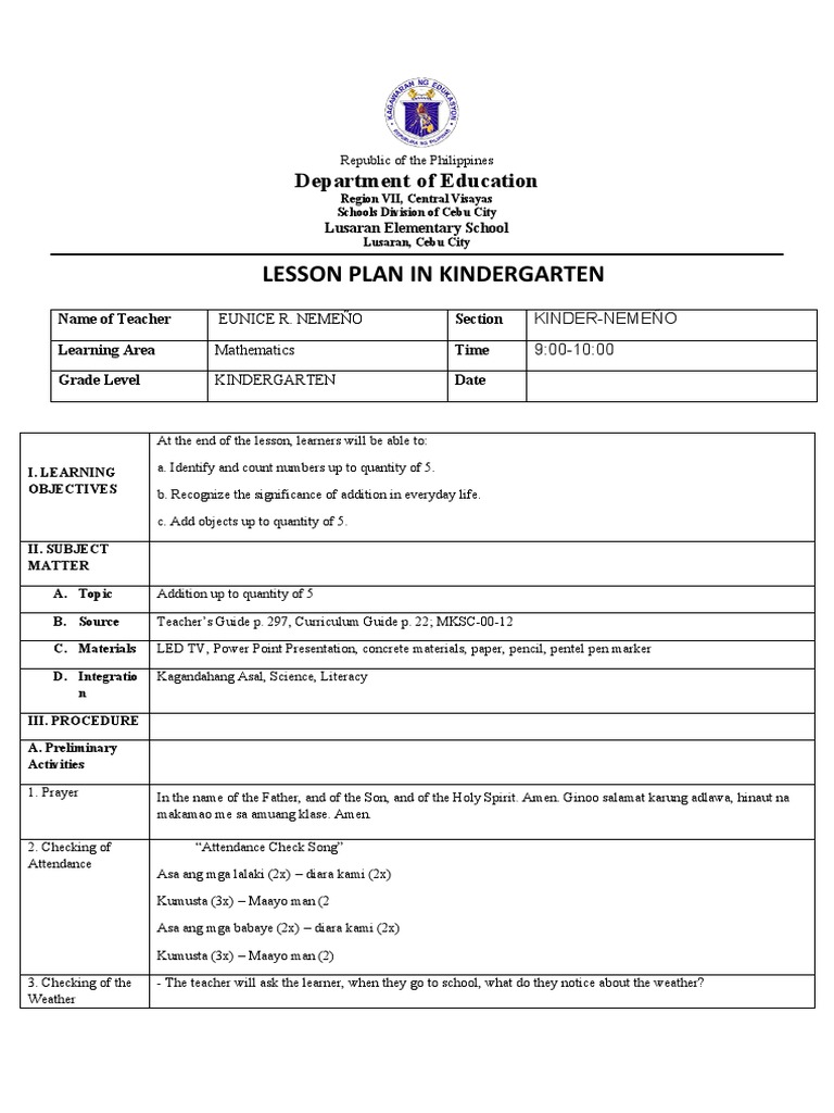 Cot Kindergarten Math Pdf Learning Teachers