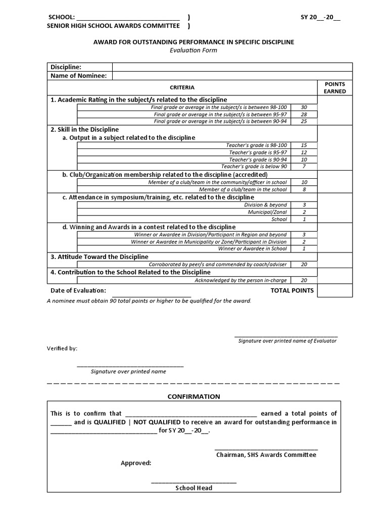 Evaluation Form For Award For Specific Disciplines 1 | PDF | Teachers | Behavior Modification
