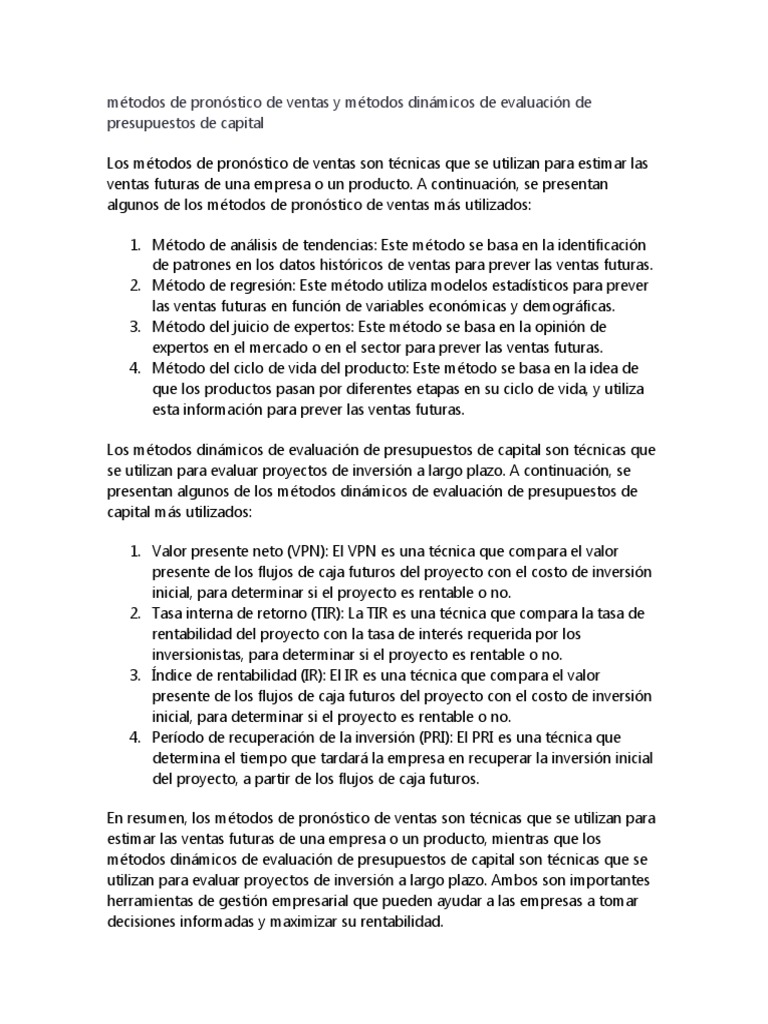 Métodos de Pronóstico de Ventas y Métodos Dinámicos de Evaluación de Presupuestos de Capital ...