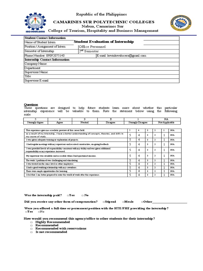 11 Student Evaluation of Internship | PDF | Internship | Job Hunting