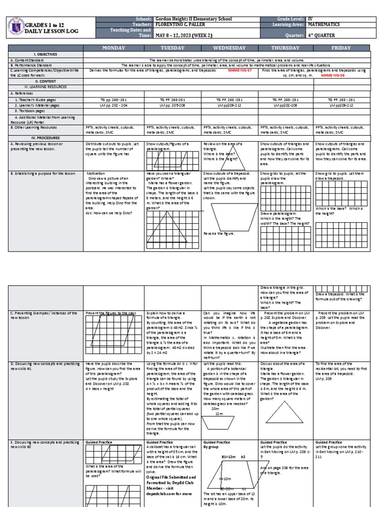 DLL Mathematics 4 q4 w2 | PDF | Area | Triangle