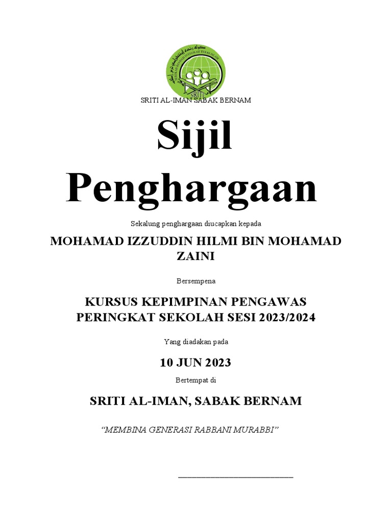 Sijil Penghargaan Penceramah Kem Kepimpinan Pengawas | PDF