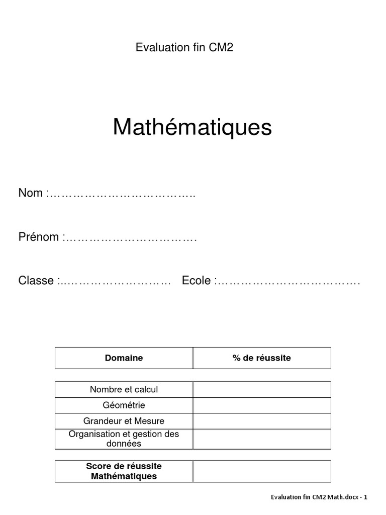 Évaluation Mathématiques Fin CM2 | PDF