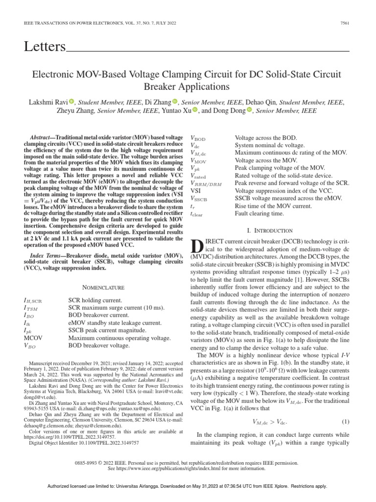 Electronic MOV-Based Voltage Clamping Circuit For DC Solid-State Circuit Breaker Applications ...