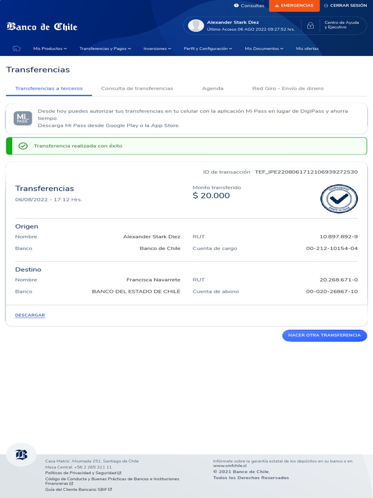 Transferencias con Mi Pass en Banco Chile | PDF | Bancos ...