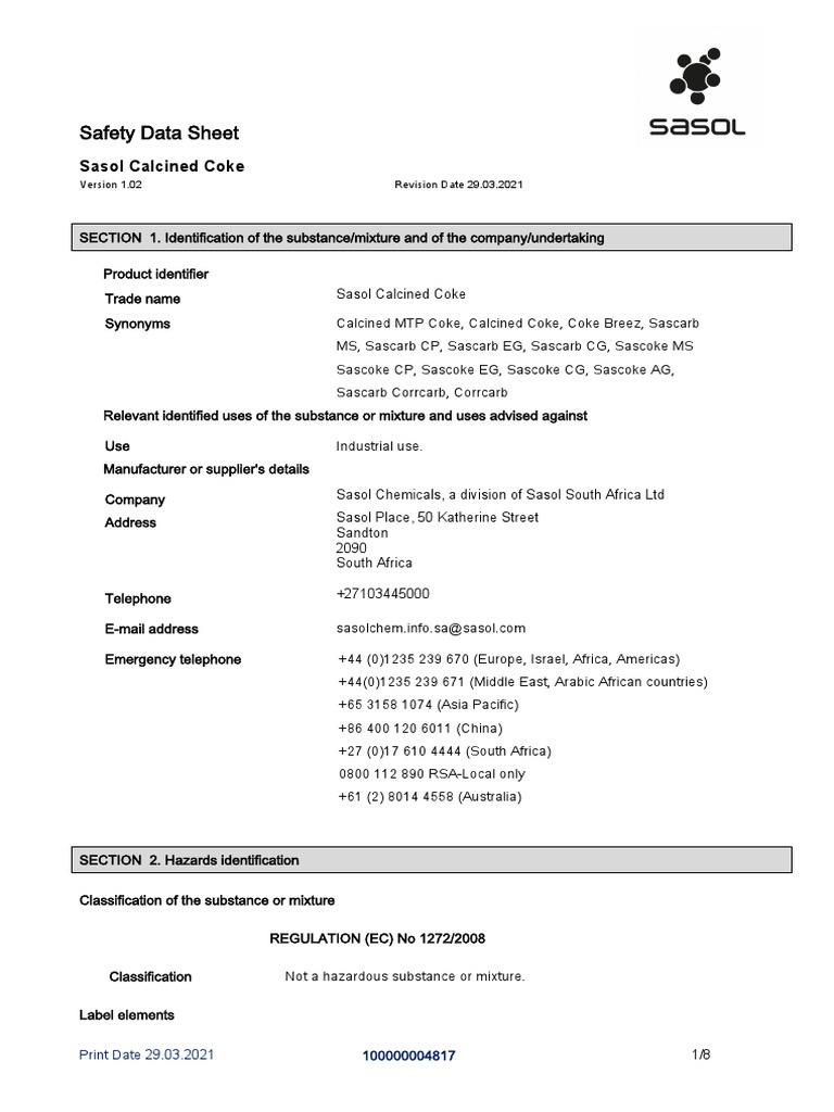 Sasol Coke Breeze MSDS | PDF