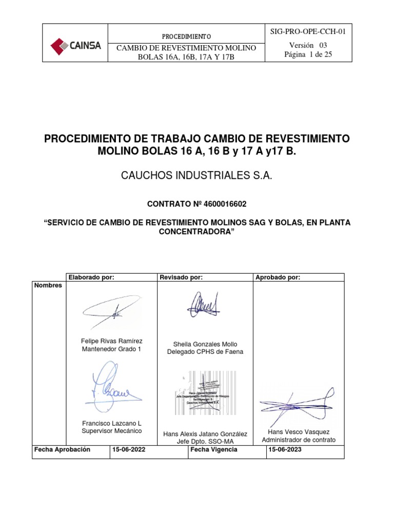 Procedimiento 1 MOLINO BOLAS 16A, 16B, 17A, 17B - Rev 3 | PDF | Riesgo ...