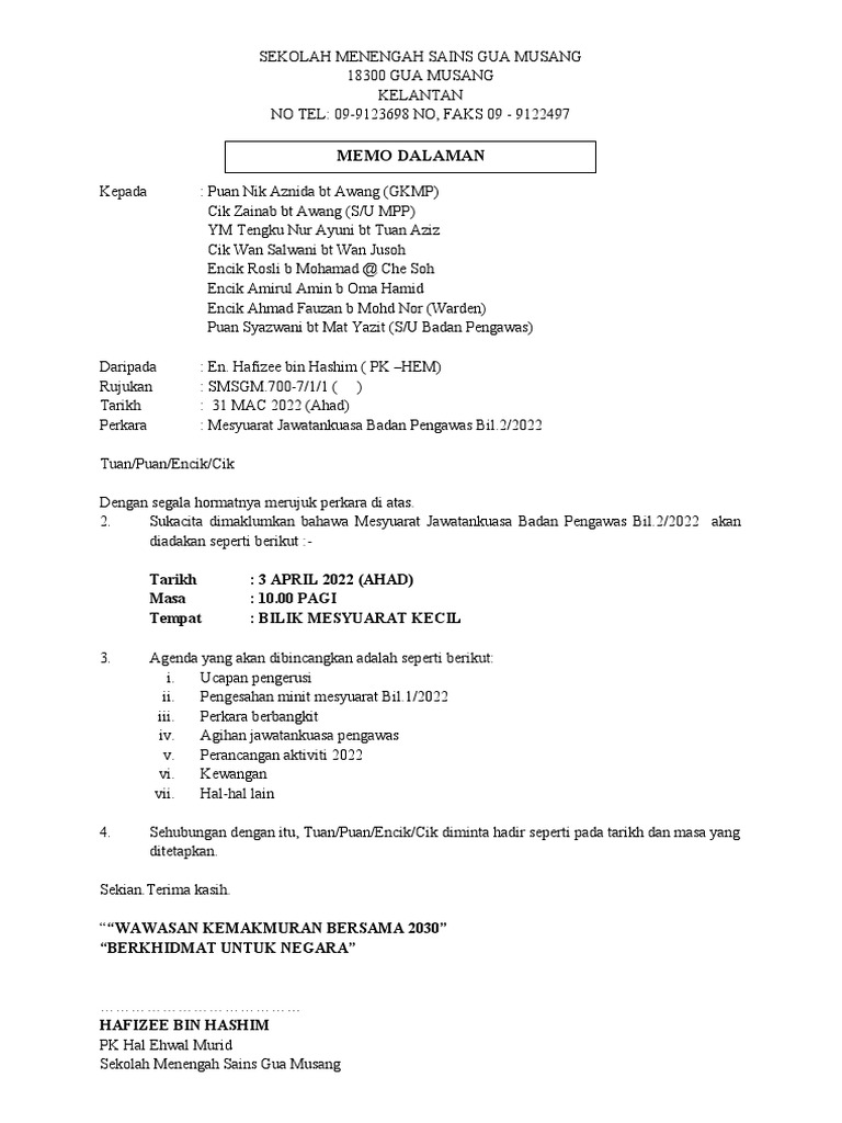 Memo Mesyuarat Pengawas | PDF