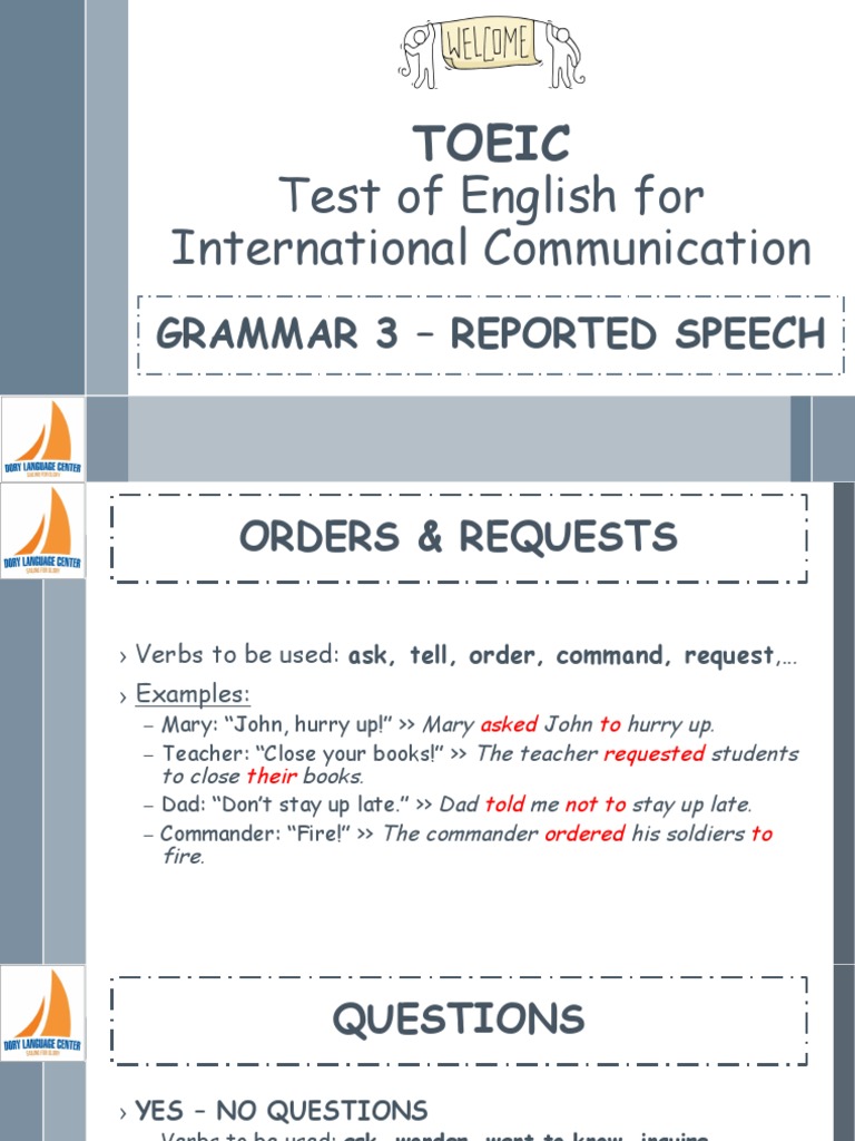 Dory TOEIC 3 - Grammar - Reported Speech | PDF | Grammatical Tense | Cognitive Science
