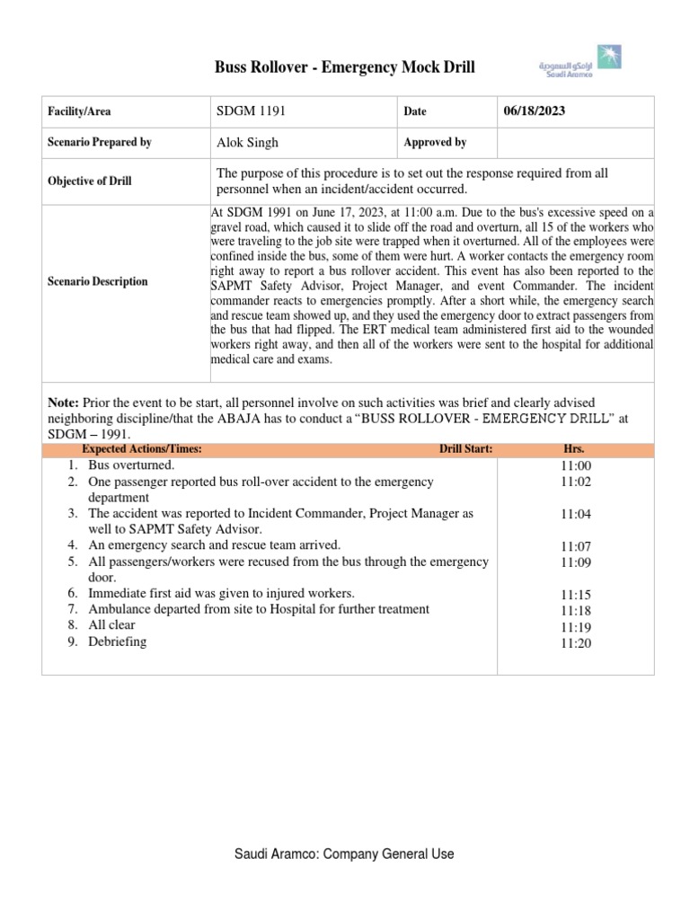 Buss Rollover - Emergency Mock Drill Scenario (Nesma - Abaja) | PDF