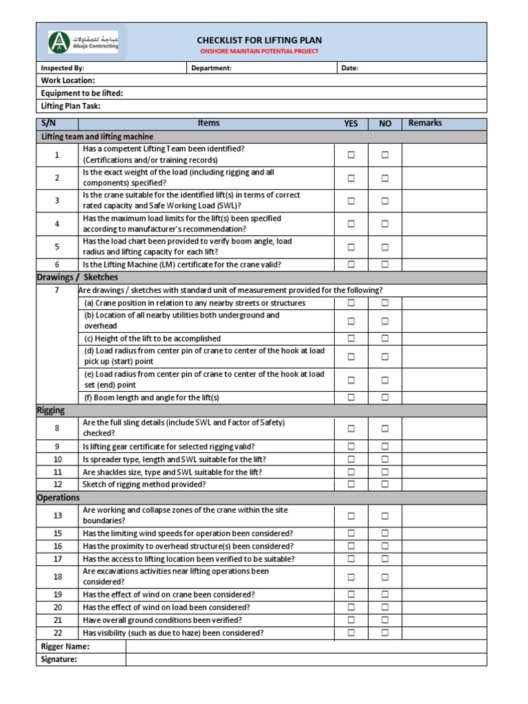 Lifting Plan-Checklist | PDF