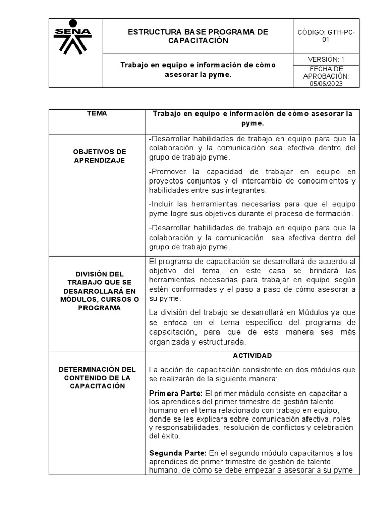 Estructura base Programa de Capacitación | PDF | Aprendizaje | Comunicación