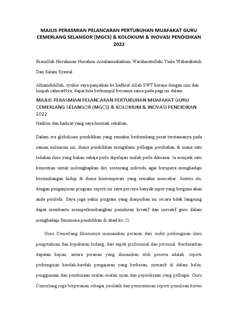 Teks Ucapan Perasmian Pembukaan | PDF