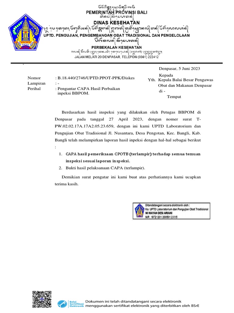 Surat Pengantar CAPA P4TO Bangli | PDF