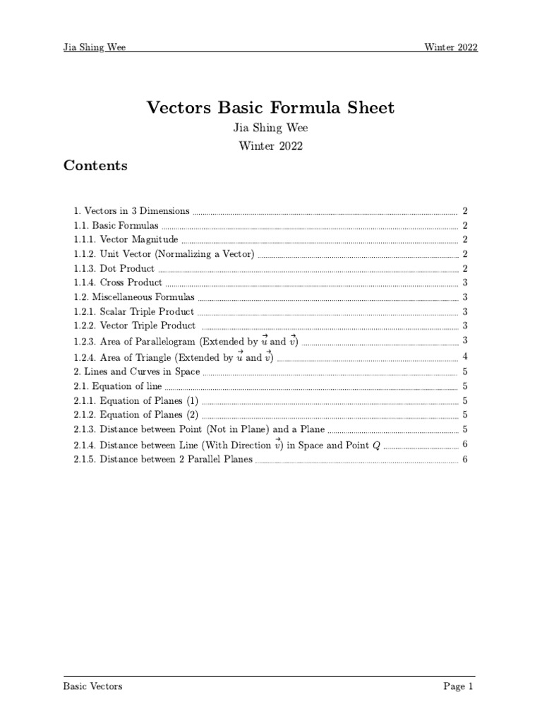 Vectors Basic Formula Sheet | PDF | Euclidean Vector | Plane (Geometry)