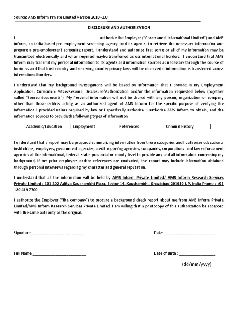 13 Authorization and Disclosure - CIL - AMS | PDF | Background Check | Justice
