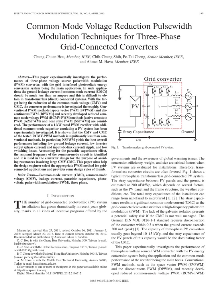 2013 - Common-Mode Voltage Reduction Pulsewidth Modulation Techniques For Three-Phase Grid ...